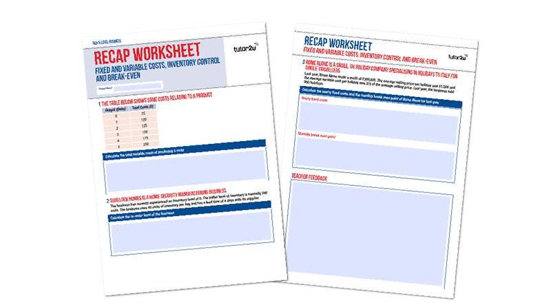 AQA A-Level Business Recap Worksheet | Costs Inventories Breakeven ...